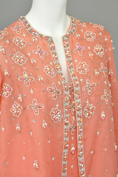 Vintage 1970s Coral Beaded Chiffon Duster Evening Coat | VintageVirtuosa